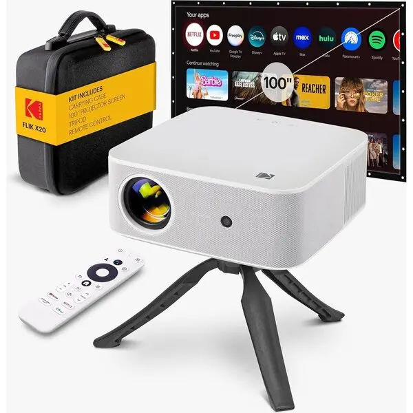 KODAK Flik X20 Full Hd Smart Projector Kit With 100" Screen, Tripod, Remote, Wi-fi - White