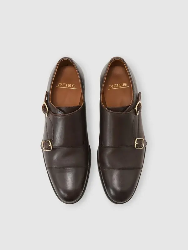 REISS Amalfi Leather Double Monk Strap Shoes - Dark Brown