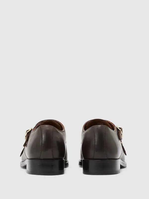 REISS Amalfi Leather Double Monk Strap Shoes - Dark Brown