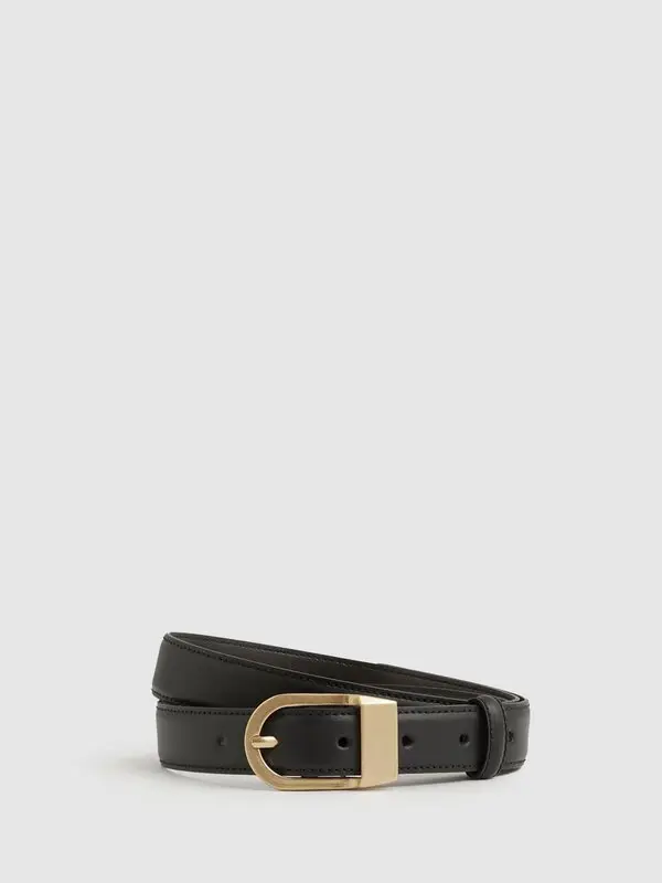 REISS Leather Belt With Curved Buckle - Black