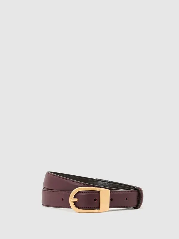 REISS Leather Belt With Curved Buckle - Burgundy