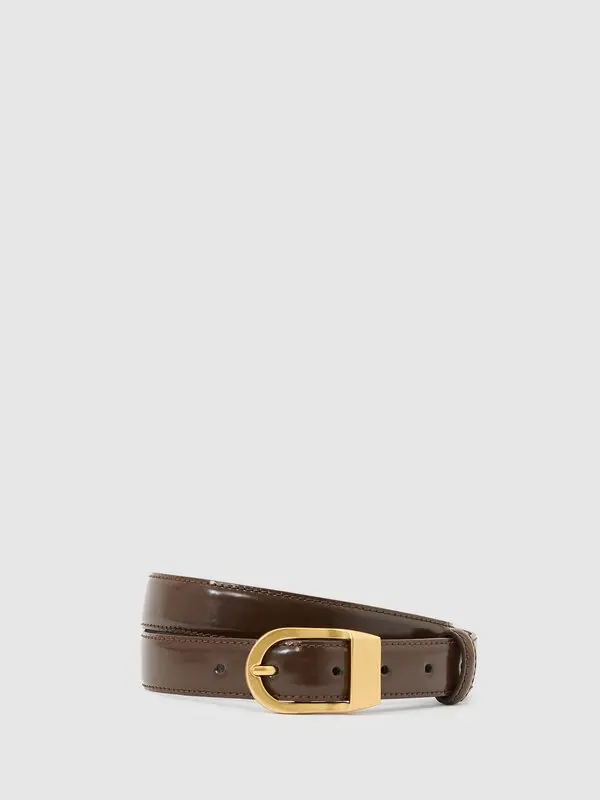 REISS Leather Belt With Curved Buckle - Chocolate