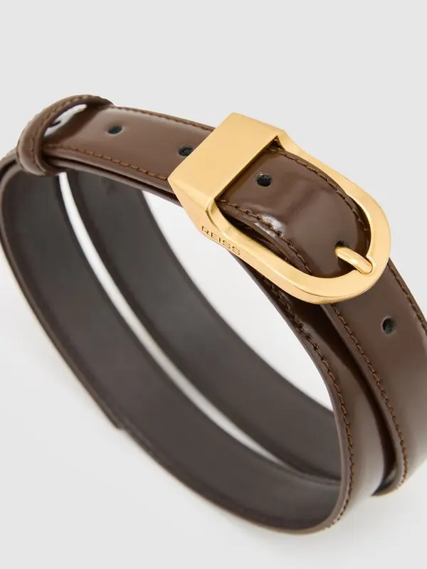 REISS Hazel Leather Curved-buckle Belt - Chocolate