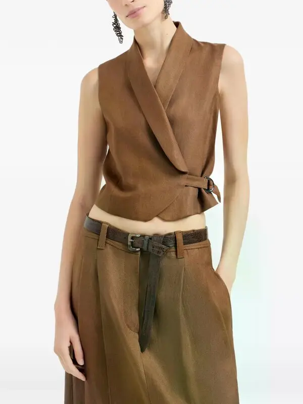 Brunello Cucinelli Diagonal Buckle Linen Gilet - Brown