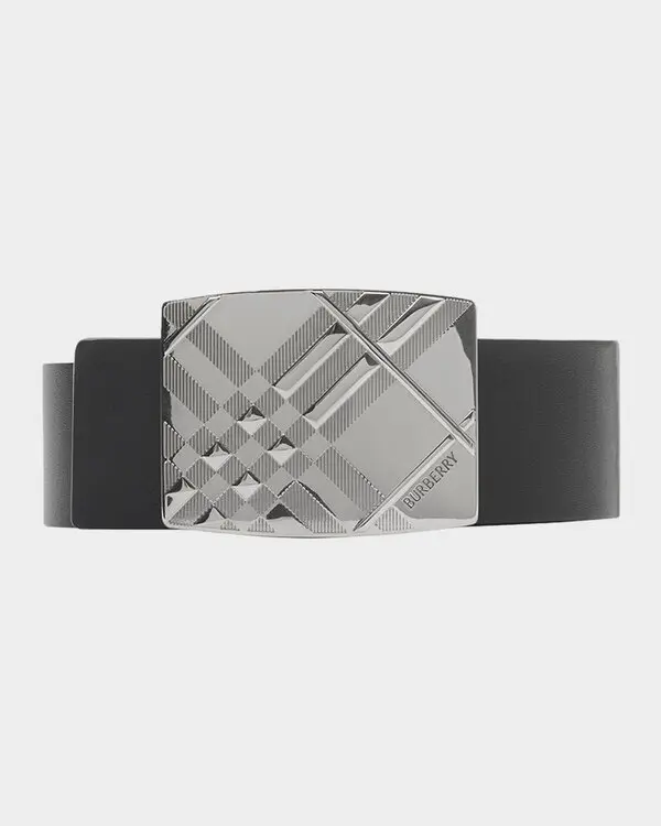 Burberry Check-engraved Buckle Reversible Leather Belt - Black/sand