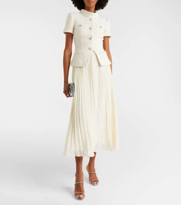 SELF-PORTRAIT Pleated Bouclé Chiffon Midi Dress