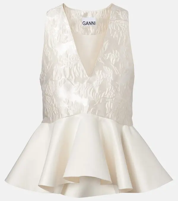 GANNI Peplum Satin Cloqué Top - White