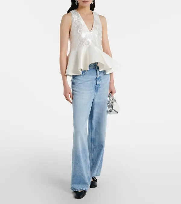 GANNI Peplum Satin Cloqué Top - White