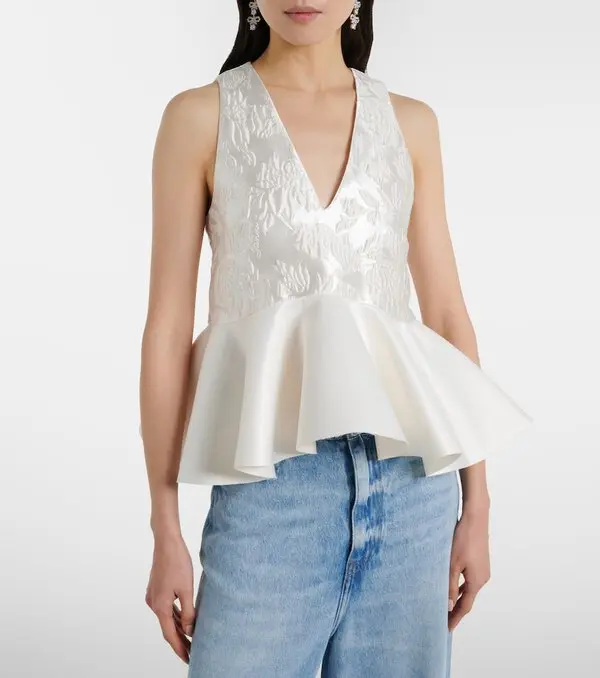 GANNI Peplum Satin Cloqué Top - White