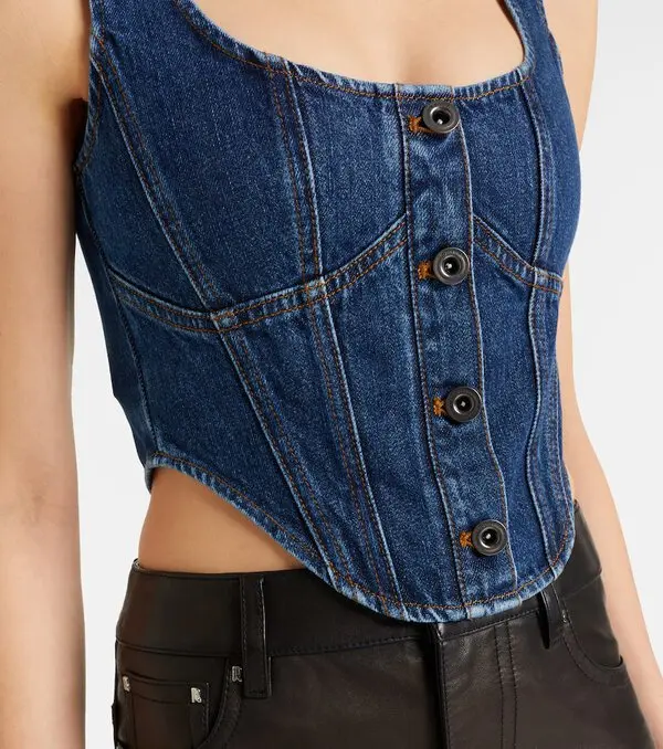 SELF-PORTRAIT Embellished Denim Crop Top - Blue