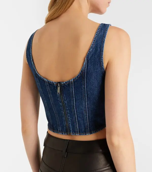 SELF-PORTRAIT Embellished Denim Crop Top - Blue