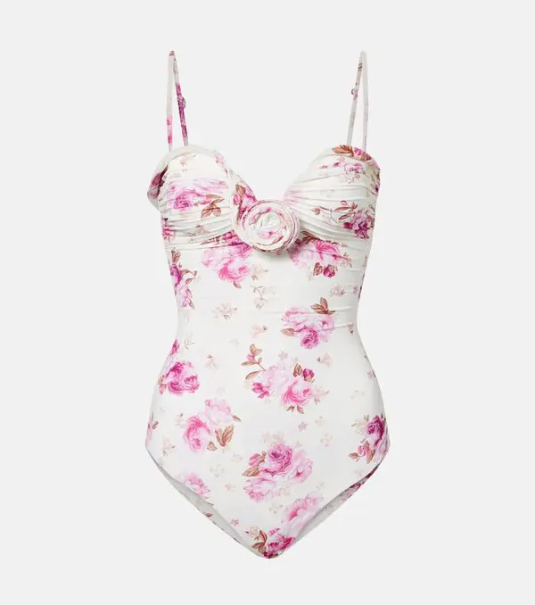 Magda Butrym Floral Print Ruched Swimsuit - White