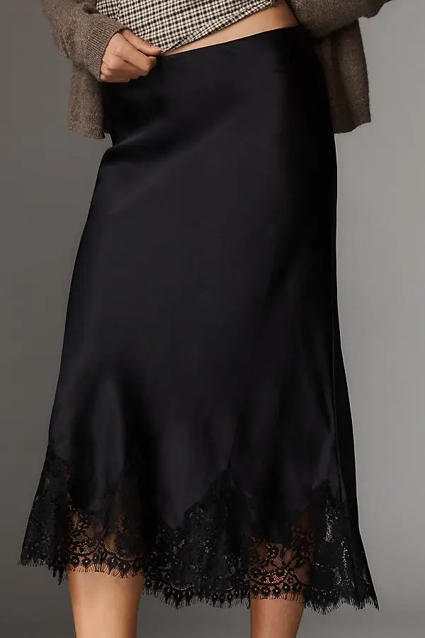 REFORMATION Carola Lace-hem Silk Midi Skirt - Black