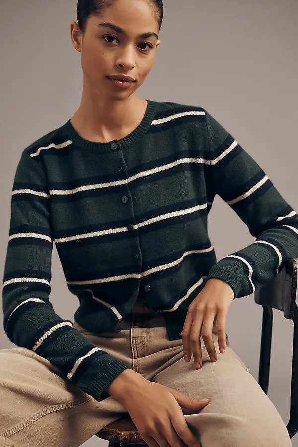 REFORMATION Clara Cashmere Cardigan Sweater - Dark Pine Multi Stripe
