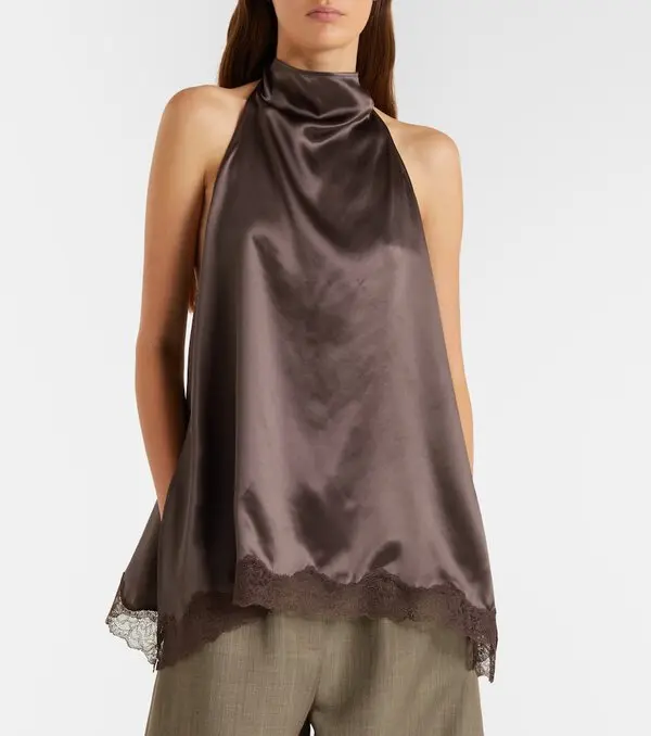 Magda Butrym Floral-appliqué Lace-trimmed Silk Satin Top - Brown