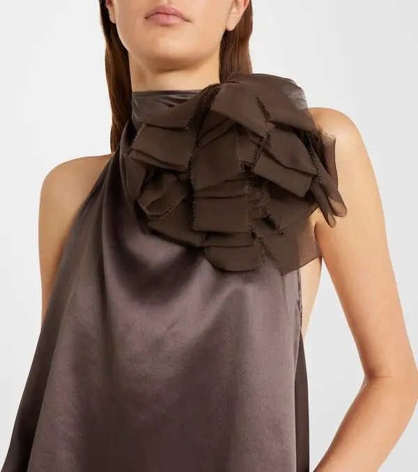 Magda Butrym Floral-appliqué Lace-trimmed Silk Satin Top - Brown