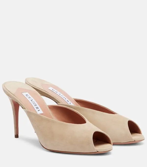 AQUAZZURA Secret 85 Suede Mules - Beige