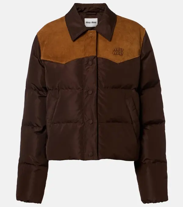 Miu Miu Suede-trimmed Pongé Down Jacket - Brown