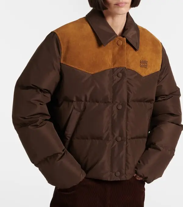 Miu Miu Suede-trimmed Pongé Down Jacket
