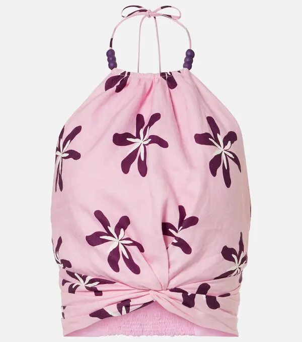 CALA DE LA CRUZ Lodi Floral Halterneck Linen Crop Top - Pink