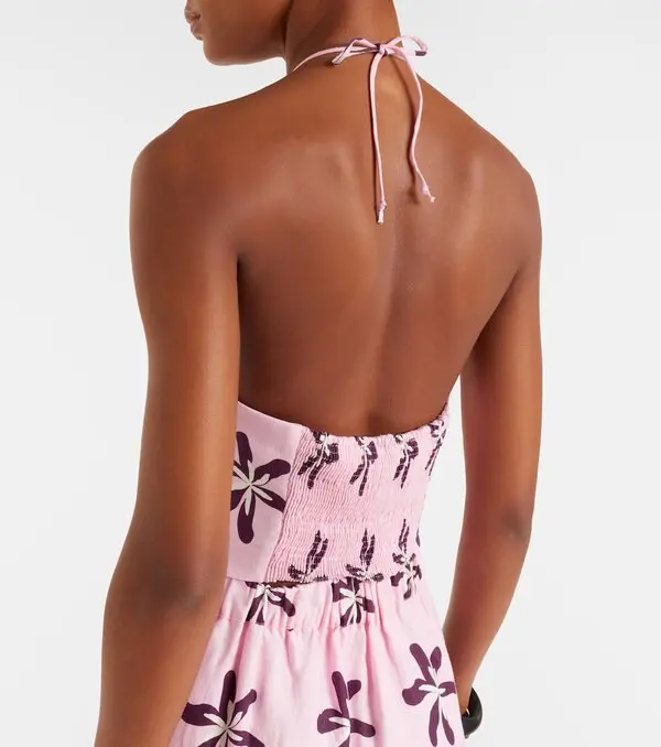 CALA DE LA CRUZ Lodi Floral Halterneck Linen Crop Top - Pink