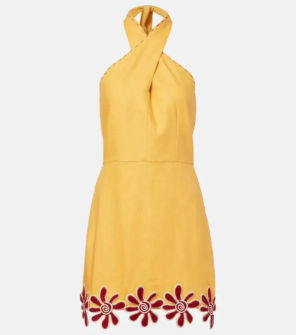 CALA DE LA CRUZ Veneta Floral-appliqué Linen Minidress - Yellow