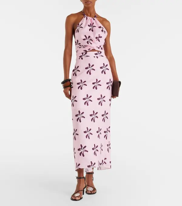 CALA DE LA CRUZ Magda Floral Linen Maxi Skirt - Pink