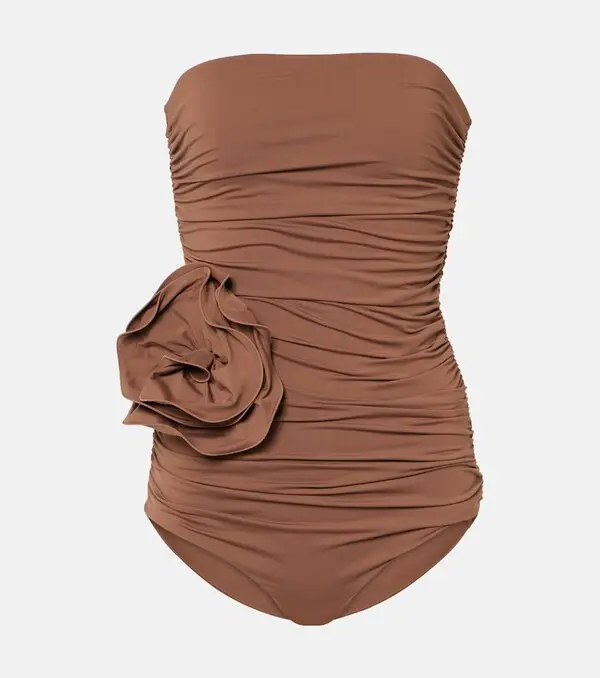 Magda Butrym Floral-appliqué Ruched Swimsuit - Brown