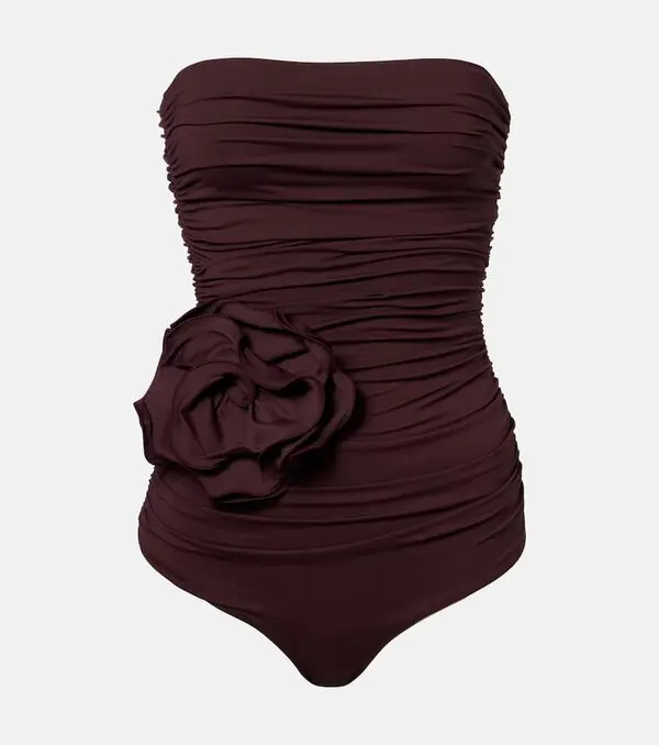 Magda Butrym Floral-appliqué Ruched Swimsuit - Burgundy