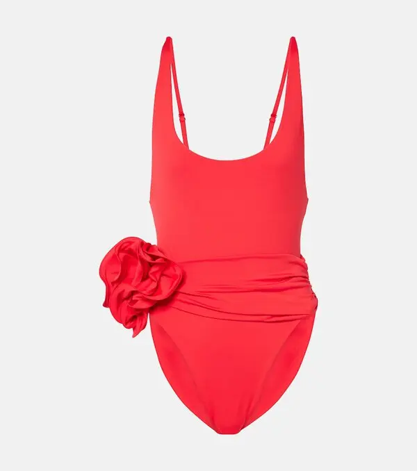 Magda Butrym Floral-appliqué Ruched Swimsuit - Red