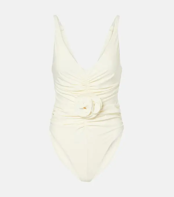 Magda Butrym Floral-appliqué Ruched Swimsuit - White