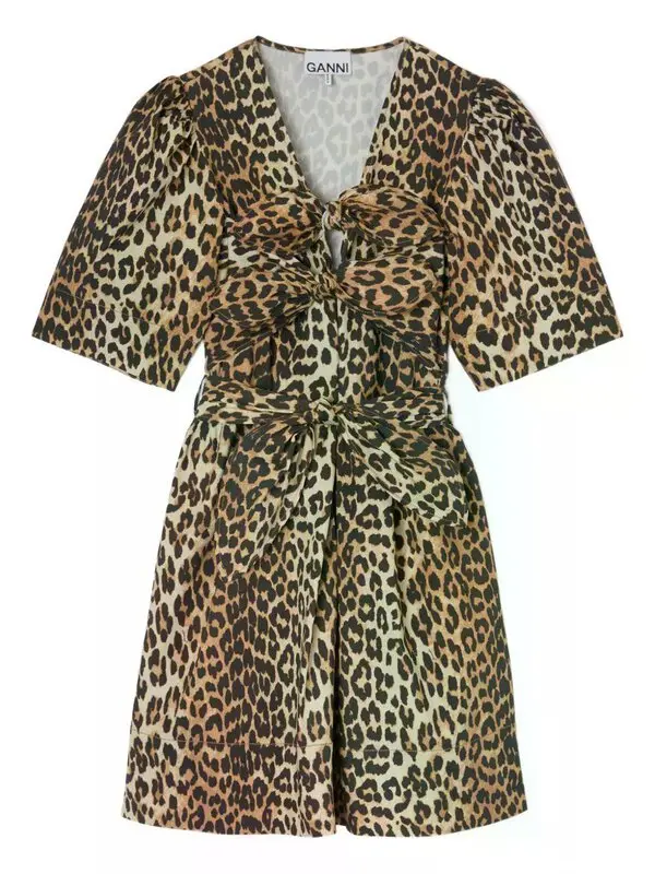 GANNI Leopard-print Knotted V-neck Short Sleeve Dress - Brown