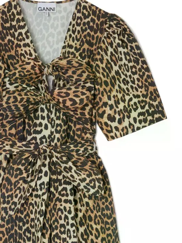 GANNI Leopard-print Knotted V-neck Short Sleeve Dress - Brown