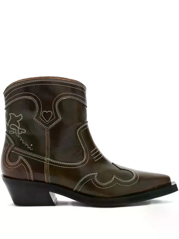 GANNI Pointed Toe Embroidered Detail Low Calf Boots - Brown