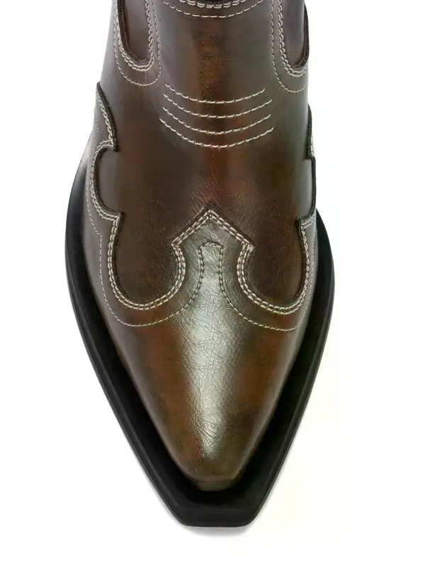 GANNI Pointed Toe Embroidered Detail Low Calf Boots - Brown
