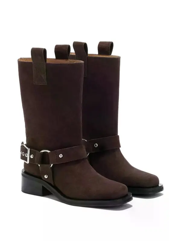 GANNI Buckle-detail Suede Boots - Brown