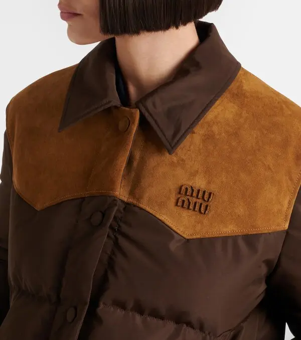 Miu Miu Suede-trimmed Down Jacket - Brown