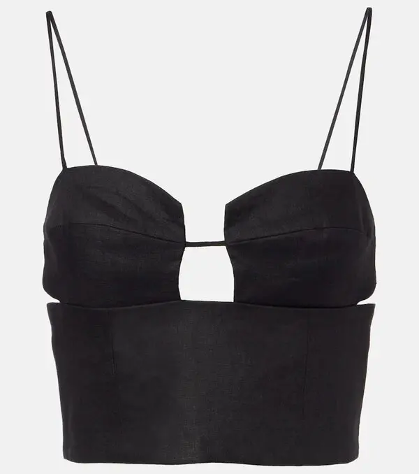 CALA DE LA CRUZ Imperia Cutout Linen Crop Top - Black