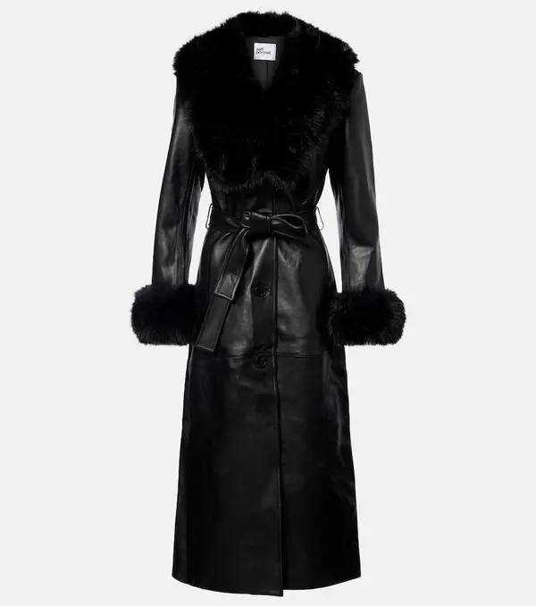 SELF-PORTRAIT Belted Leather Coat With Fur Trim