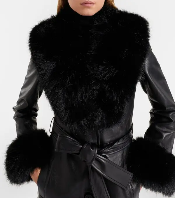 SELF-PORTRAIT Belted Leather Coat With Fur Trim