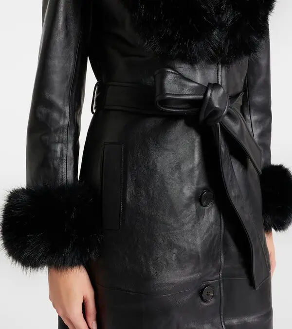 SELF-PORTRAIT Belted Leather Coat With Fur Trim