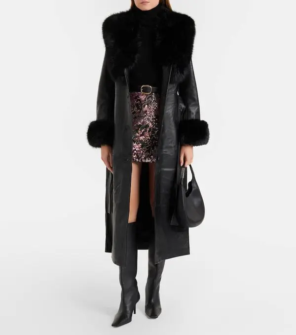 SELF-PORTRAIT Belted Leather Coat With Fur Trim