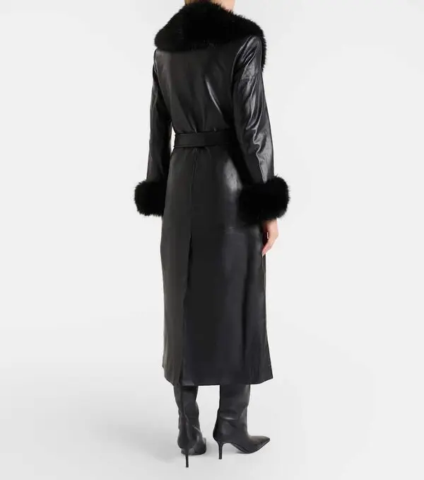 SELF-PORTRAIT Belted Leather Coat With Fur Trim