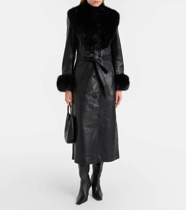 SELF-PORTRAIT Belted Leather Coat With Fur Trim