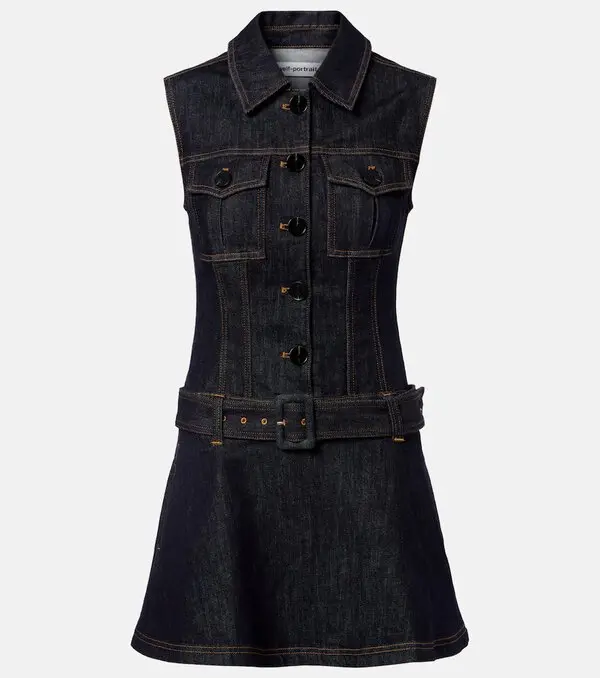 SELF-PORTRAIT Belted Denim Mini Dress - Blue