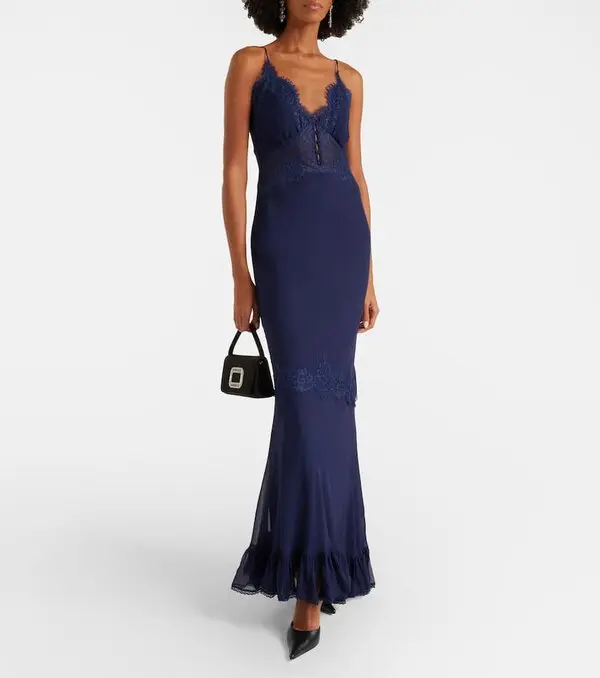 SELF-PORTRAIT Lace-trimmed Georgette Gown