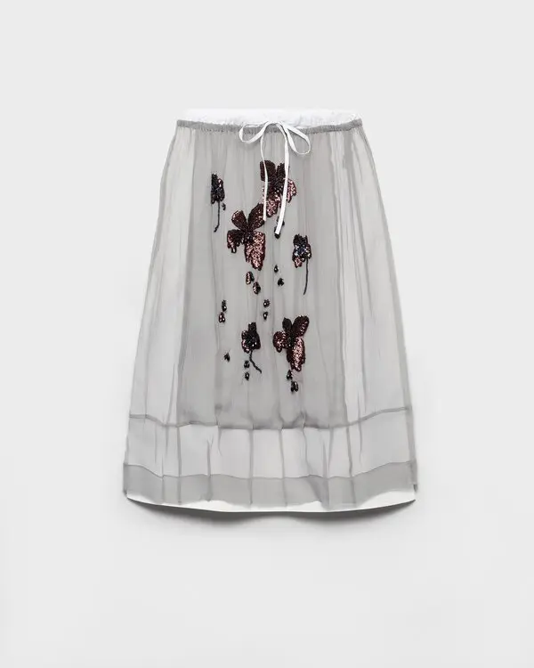 Prada Embroidered Chiffon Midi-skirt - Aluminum