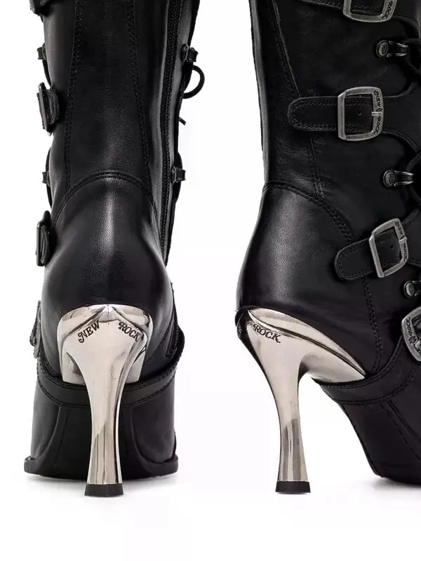 NEW ROCK 100mm Buckle Heel Leather Boots
