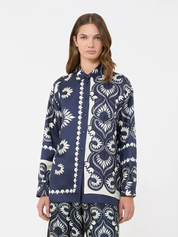 Max Mara Printed Silk Twill Patchwork Shirt - Navy