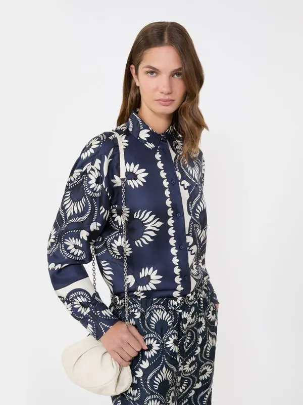 Max Mara Printed Silk Twill Patchwork Shirt - Navy